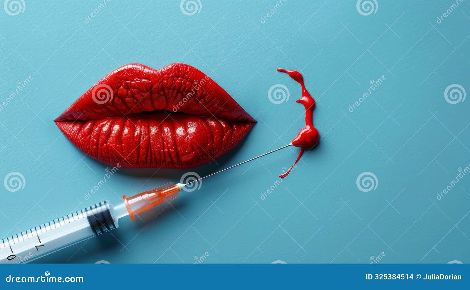 Top View of Injection in Human Lips with Syringe on Blue Background ...
