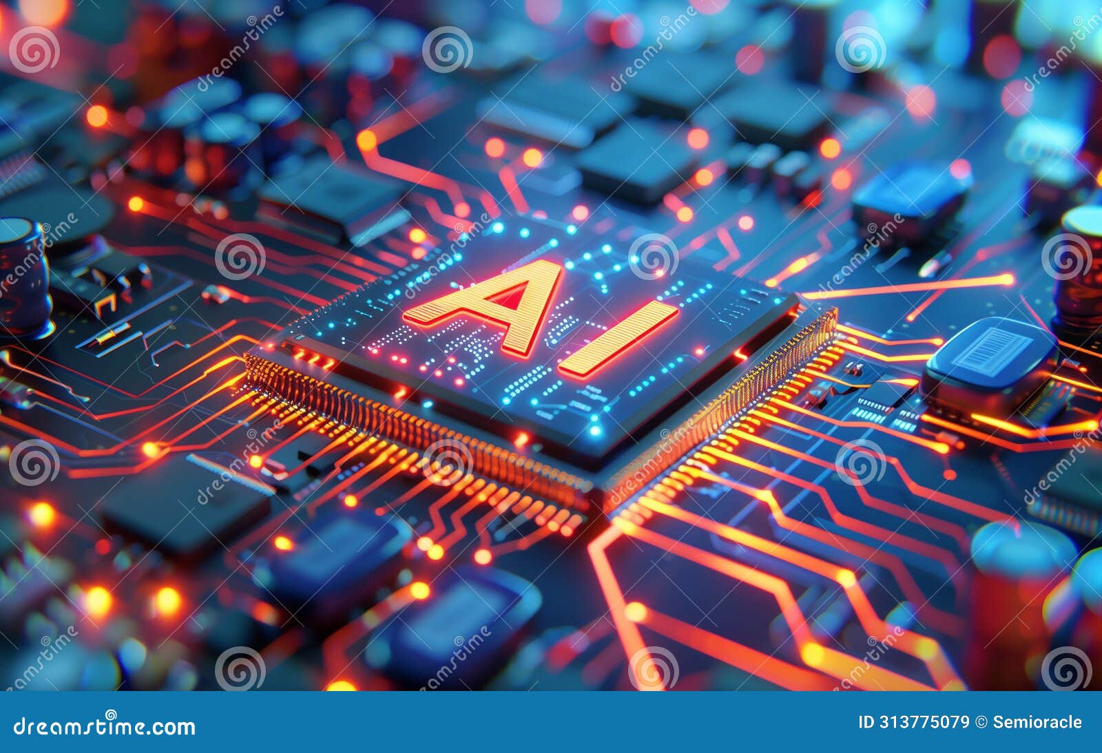 A Top View of Intricate Modern Technological Computer AI,text "AI" on ...