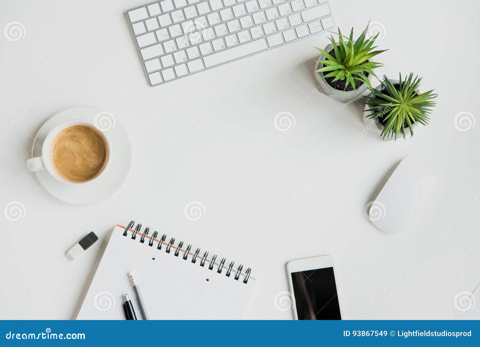 Top View of Keyboard with Office Supplies and Smartphone on Table Top ...