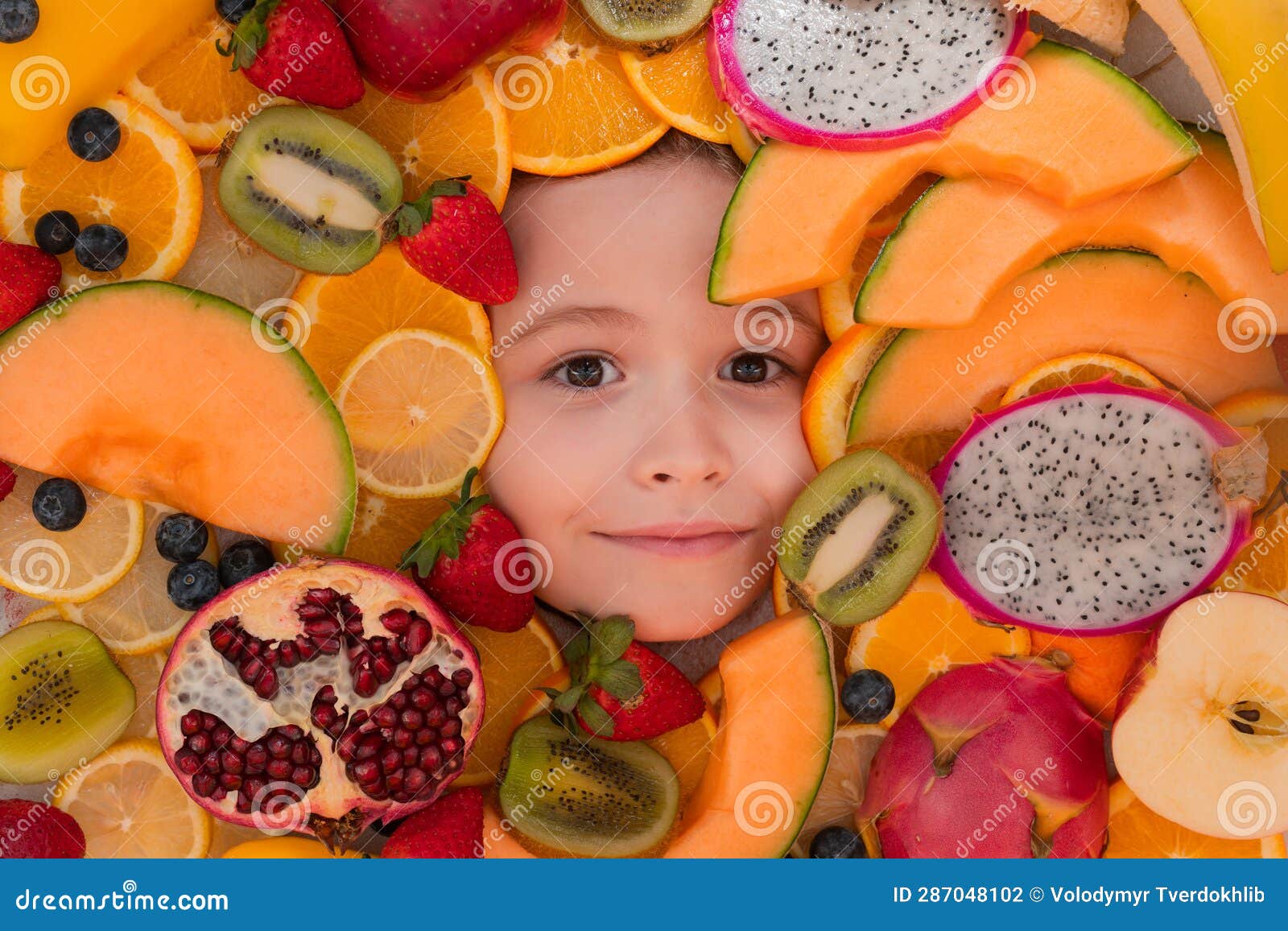 Top View of Kids Face with Different Fruits. Summer Fruits. Kids Face ...