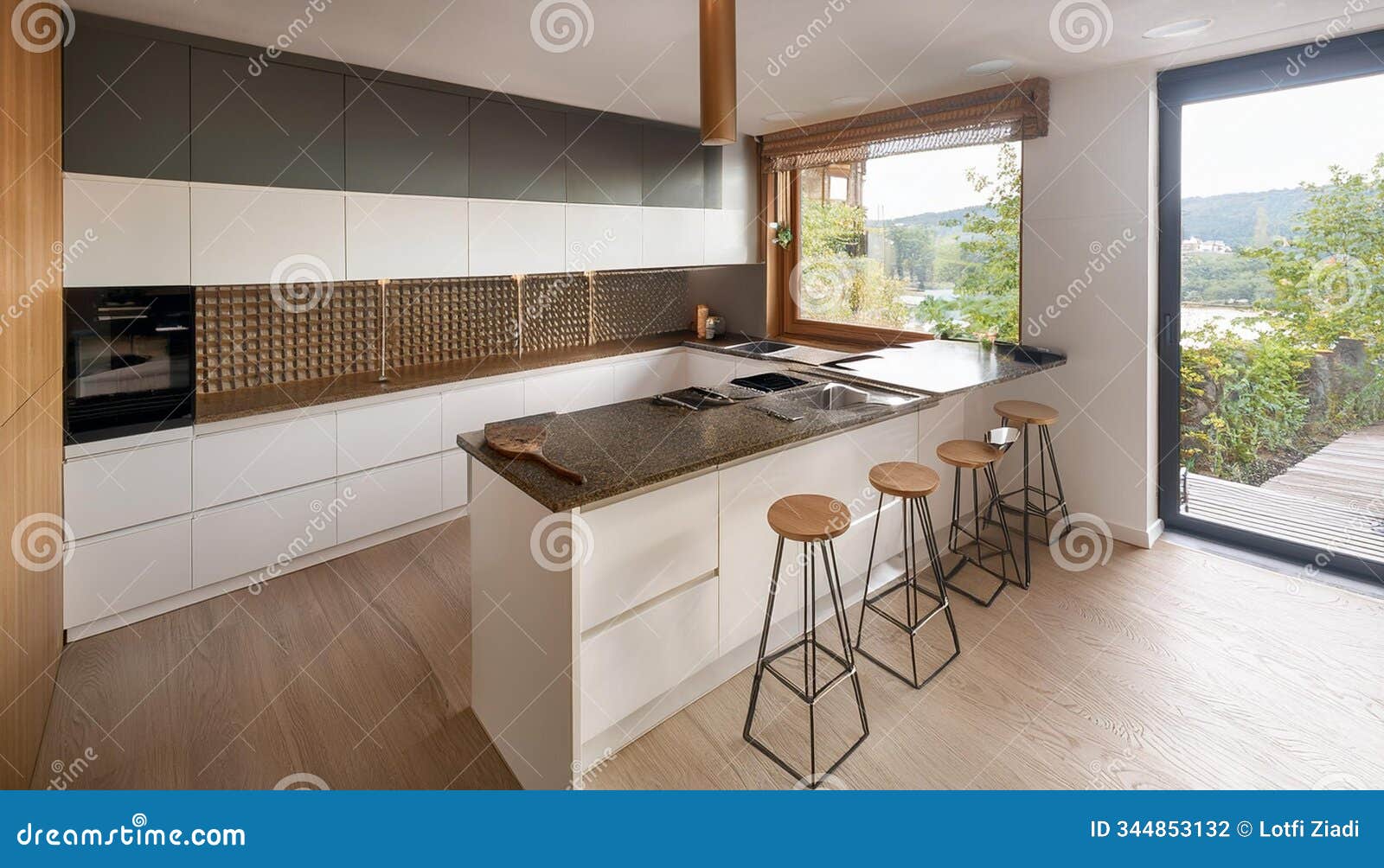 Top View of Kitchen Interior with Bar Counter and Cooking Corner with ...