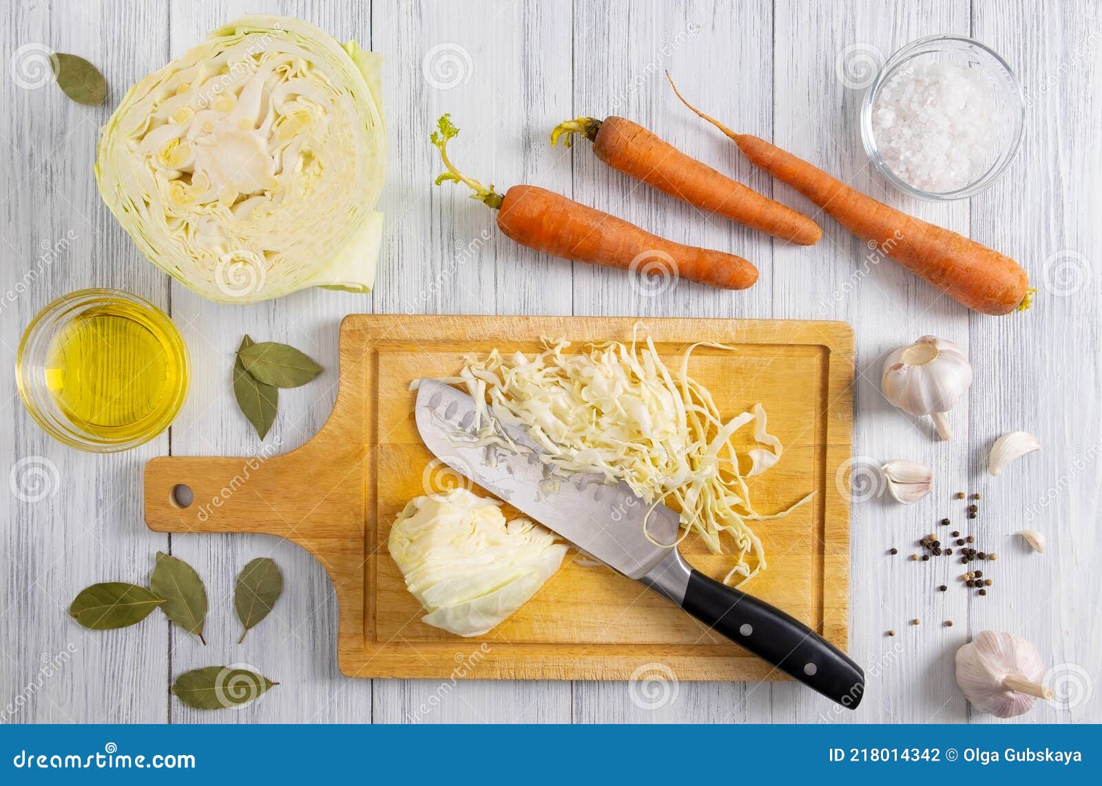 Kitchen Workspace with White Cabbage Shredding Process Stock Photo ...