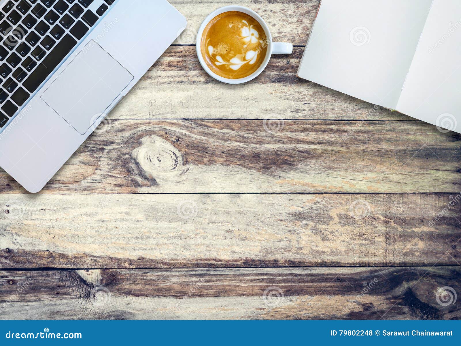 Top View Laptop Coffee Notebook on Old Wood Plank. Stock Photo - Image ...