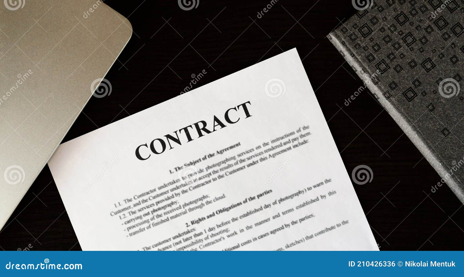 Top View of Laptop Computer, Contract, Planner on Wooden Table in ...