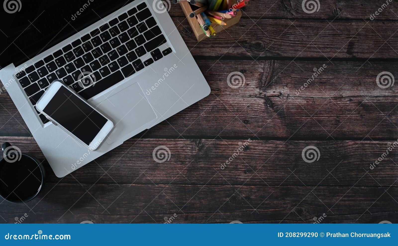 Top View of Laptop Computer, Smart Phone and Notebook on Wooden Table ...