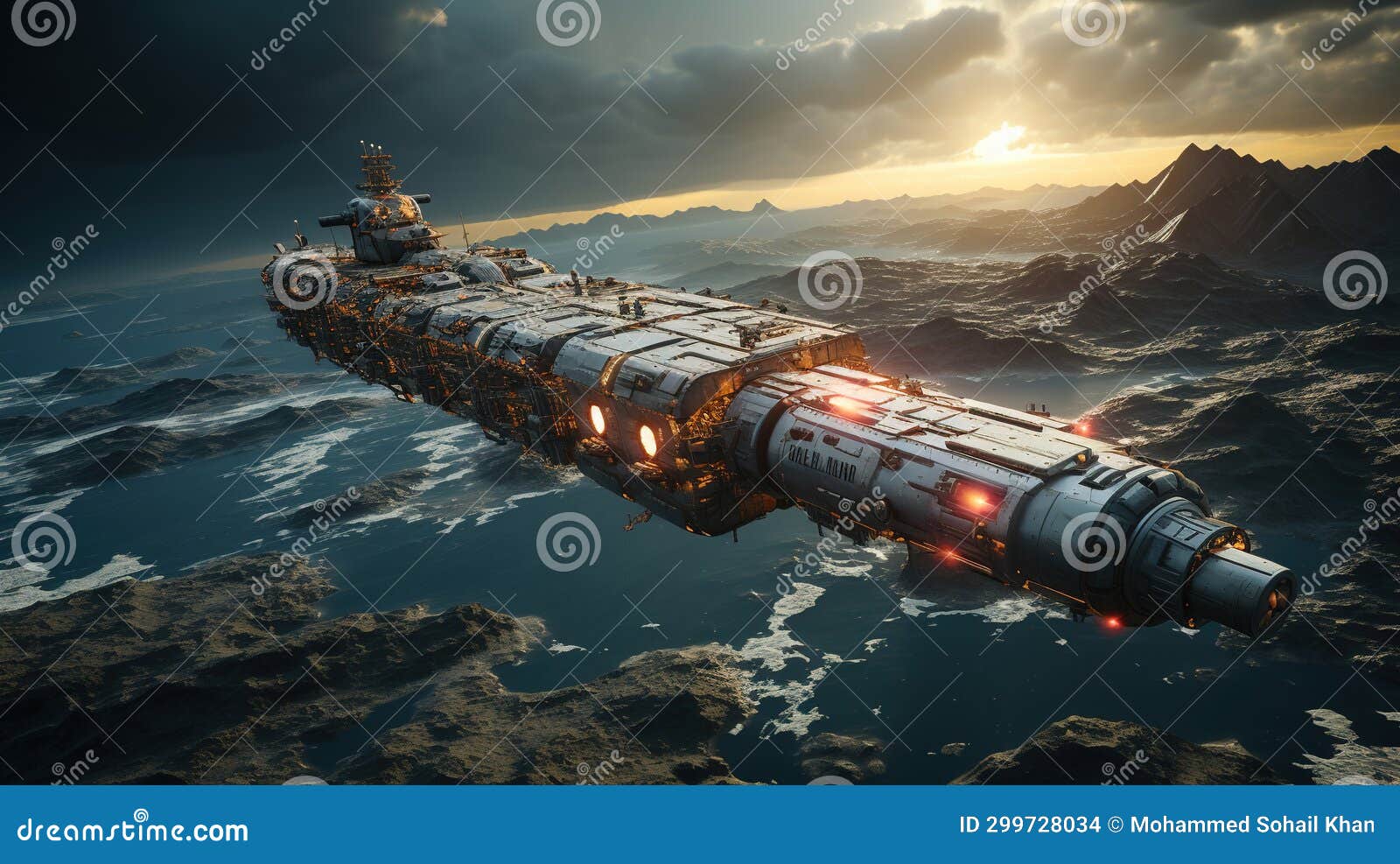 Top View of Large Advanced Space Ship on Blurry Background Stock ...