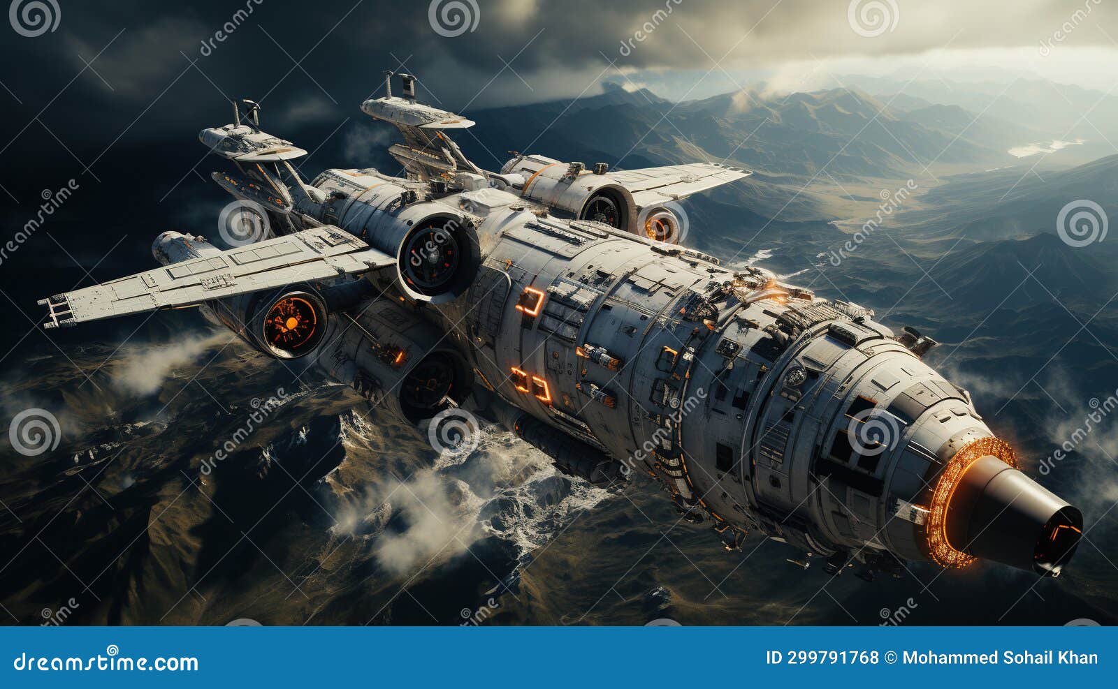 Top View of Large Advanced Space Ship on Blurry Background Stock ...