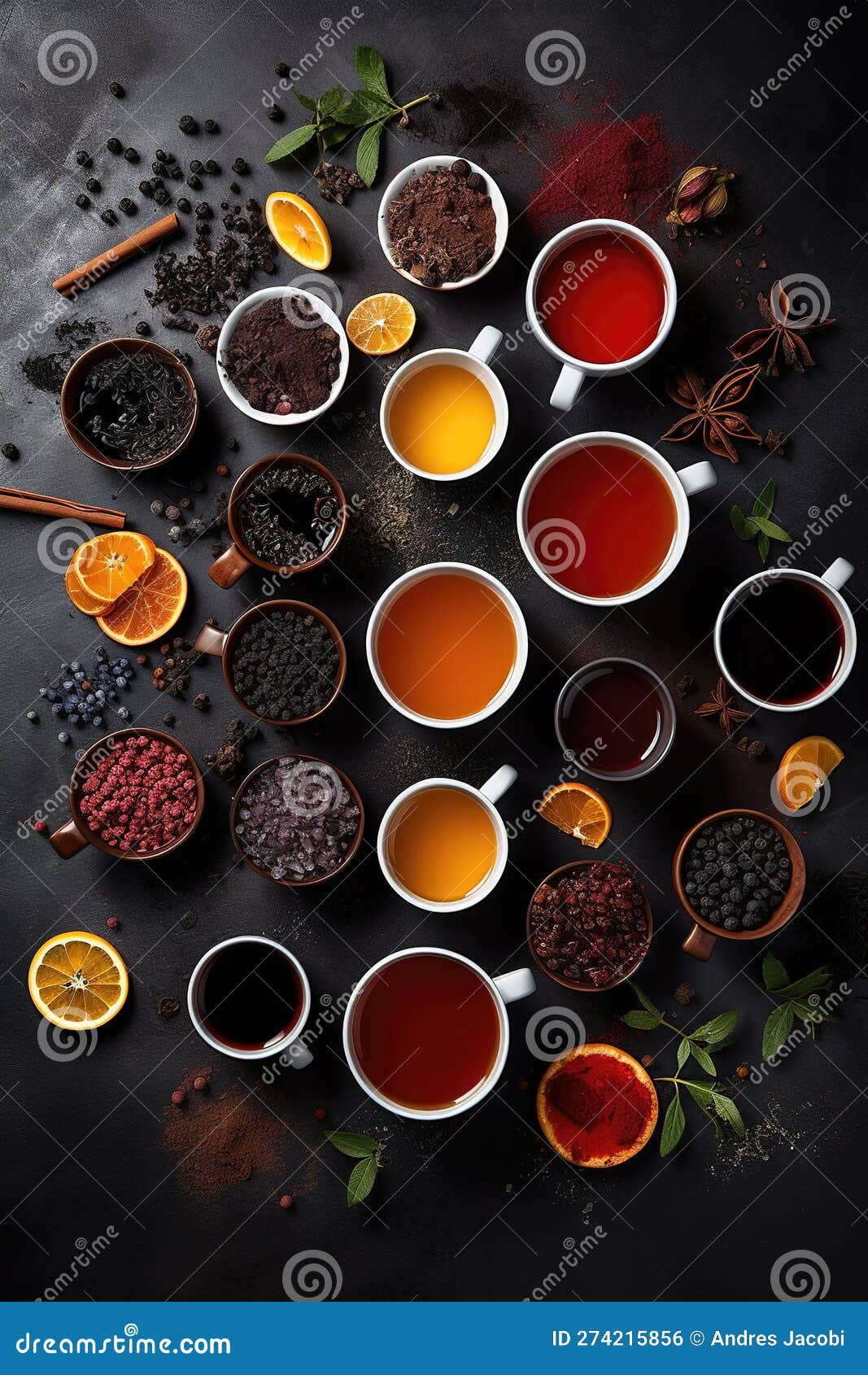 Top View Layout of Different Varieties of Herbal Teas. Dark Background ...