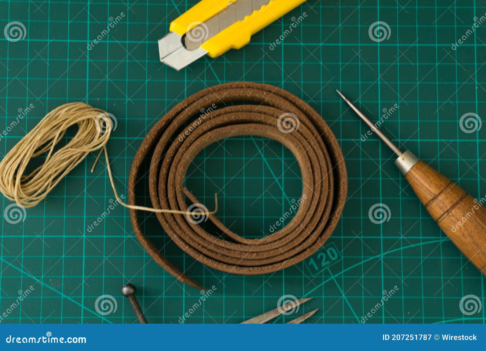Top View of Leatherworker Working Tools on a Craftsman S Work Table ...