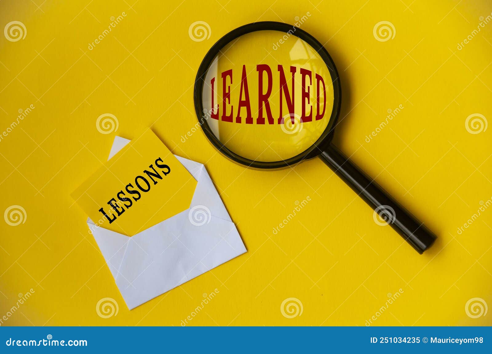 Top View of Lessons Learned Text on Envelope and Magnifying Glass ... Top View of Lessons Learned Text on Envelope and Magnifying Glass ...