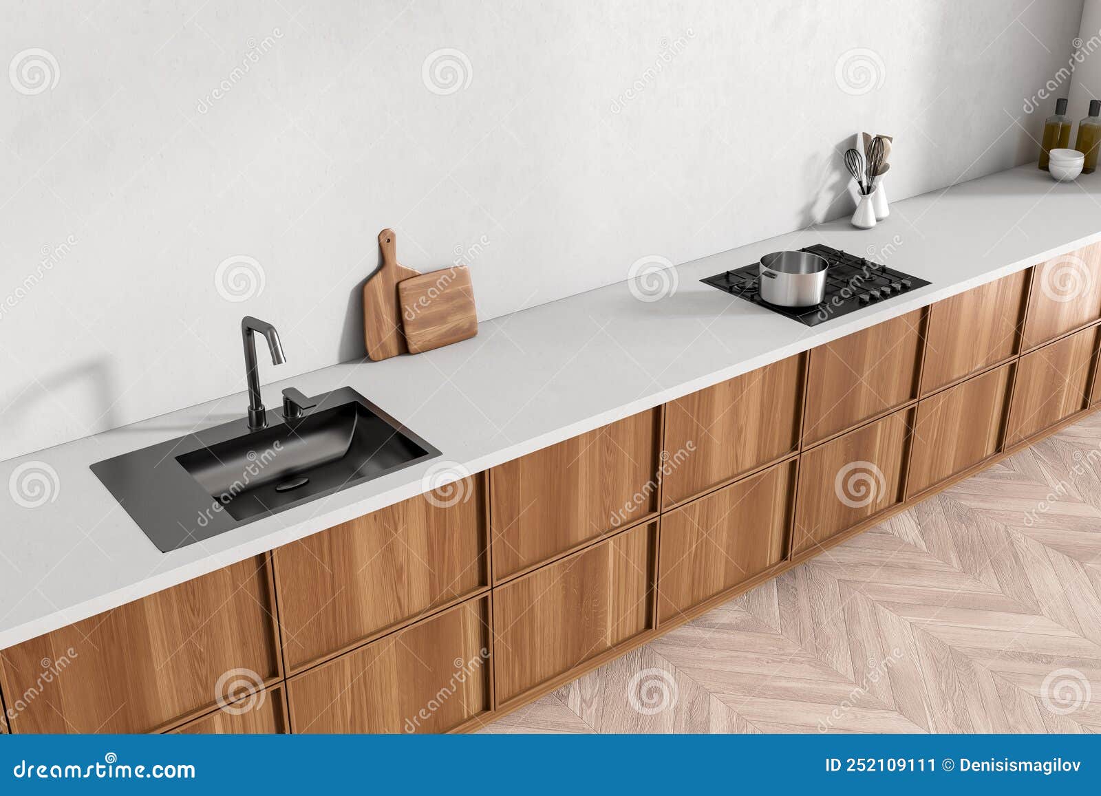 Top View of Light Kitchen Interior with Sink and Stove, Kitchenware on ...