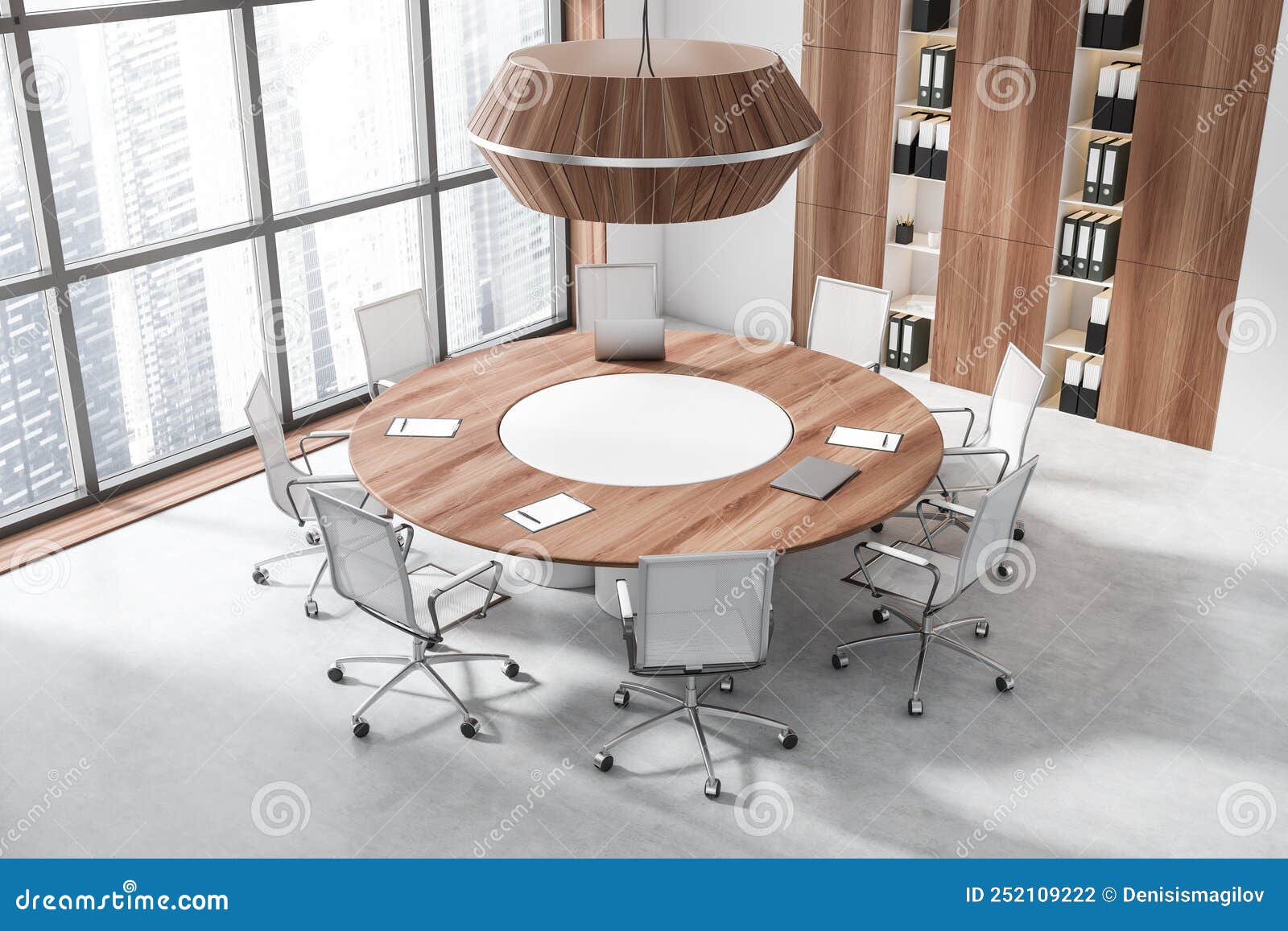 Top View of Light Meeting Room Interior with Table, Shelf Near ...
