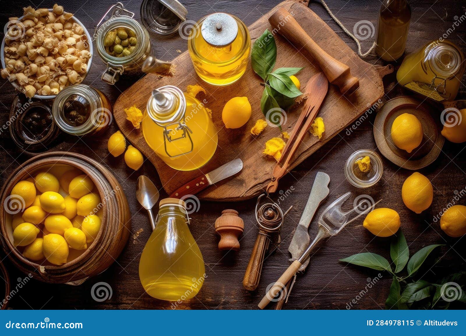 Top View of a Limoncello Making Process, Ingredients, and Tools Stock ...
