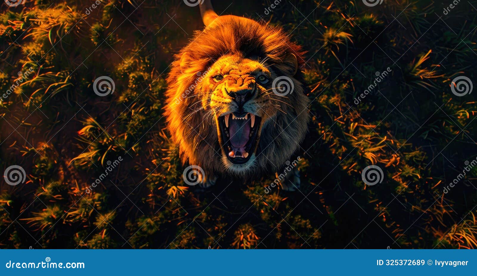 Top View of a Lion Roaring at Dawn, Standing on a Grassy Hill Stock ...