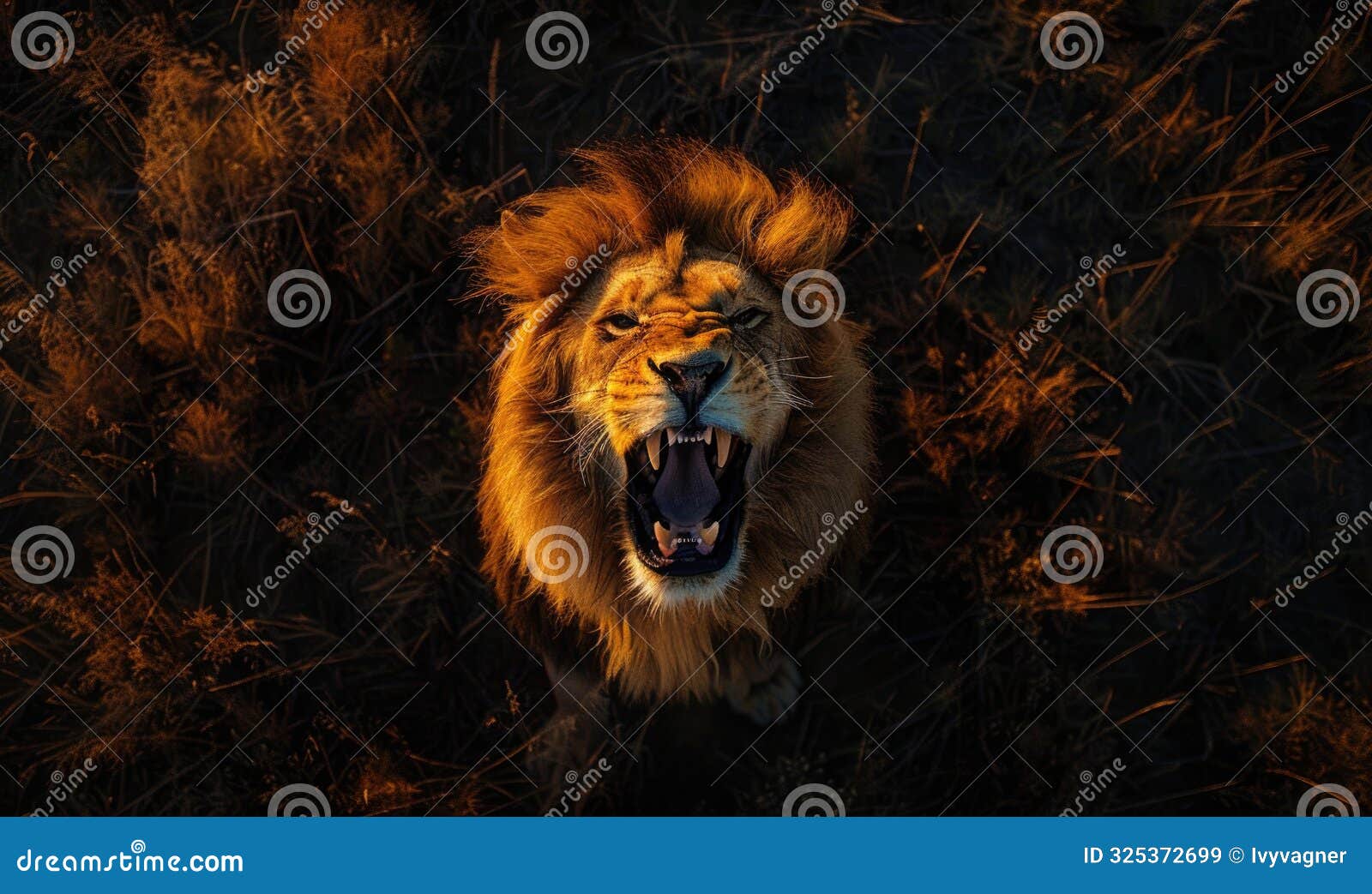 Top View of a Lion Roaring at Dawn, Standing on a Grassy Hill Stock ...