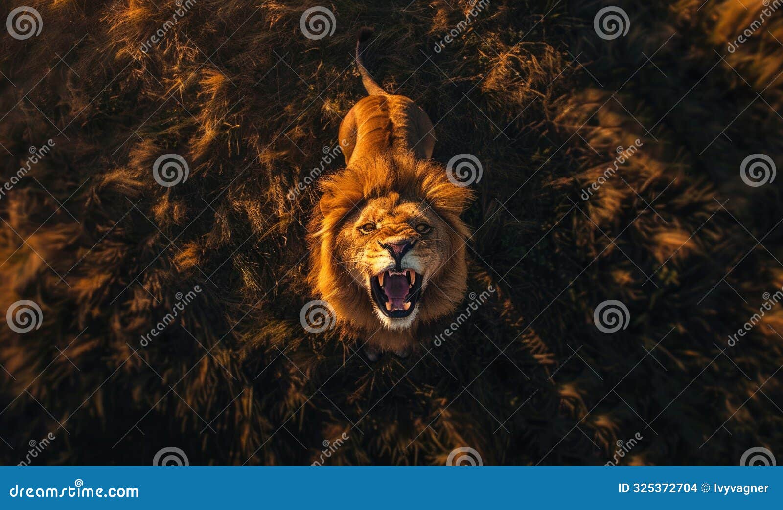 Top View of a Lion Roaring at Dawn, Standing on a Grassy Hill Stock ...