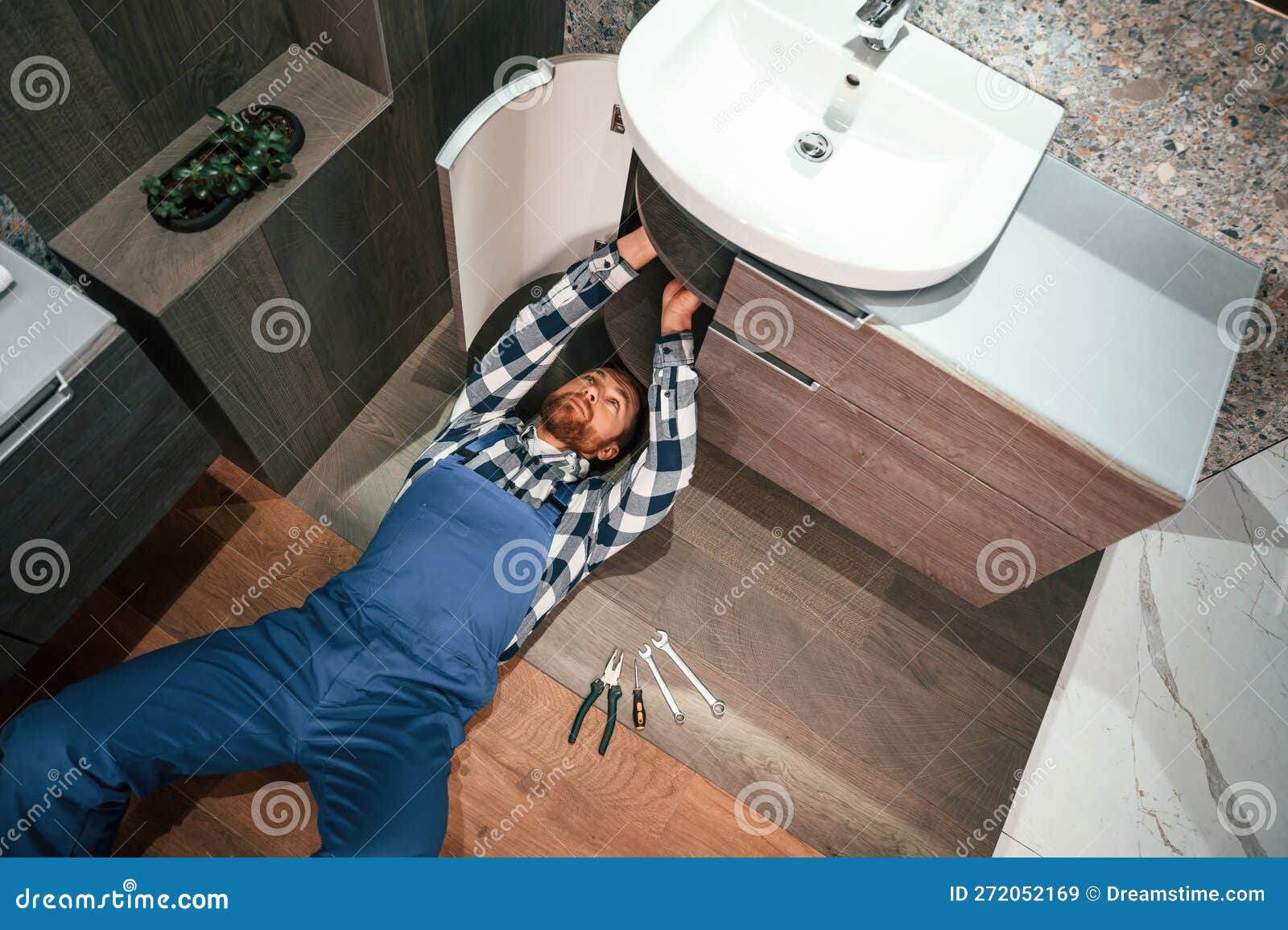 Top View. Lying Down on the Ground, Fixing Water Tap Stock Image ...