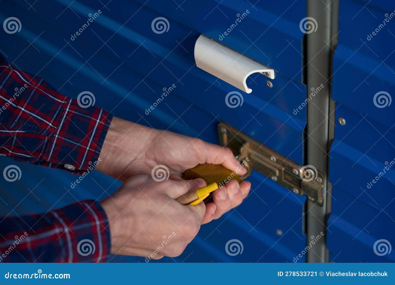 Top View of of Man Hands is Opening the Lock of Self Storage Unit Stock ...