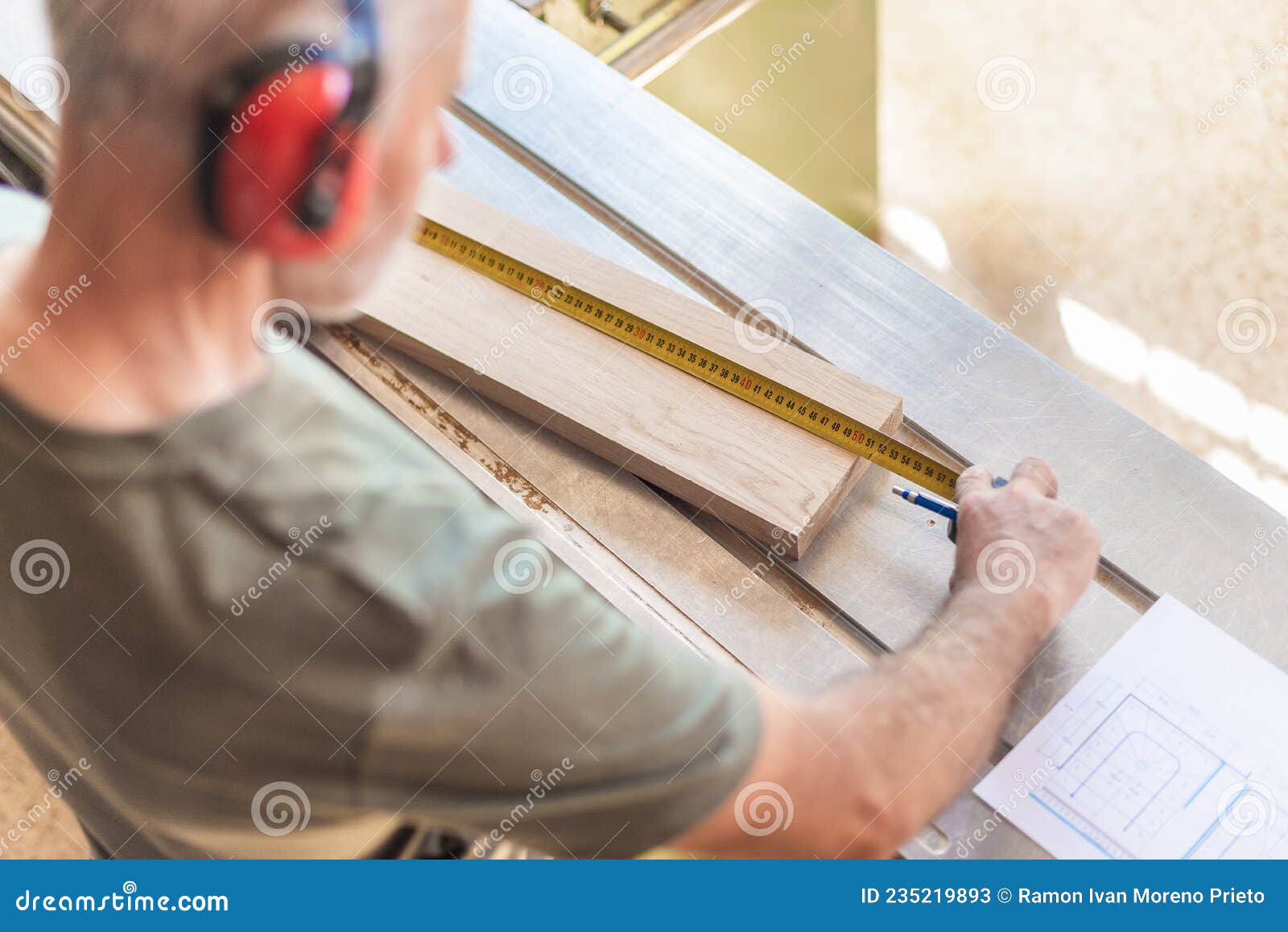 Top View of a Man Measuring a Board of Wood Stock Image - Image of ...