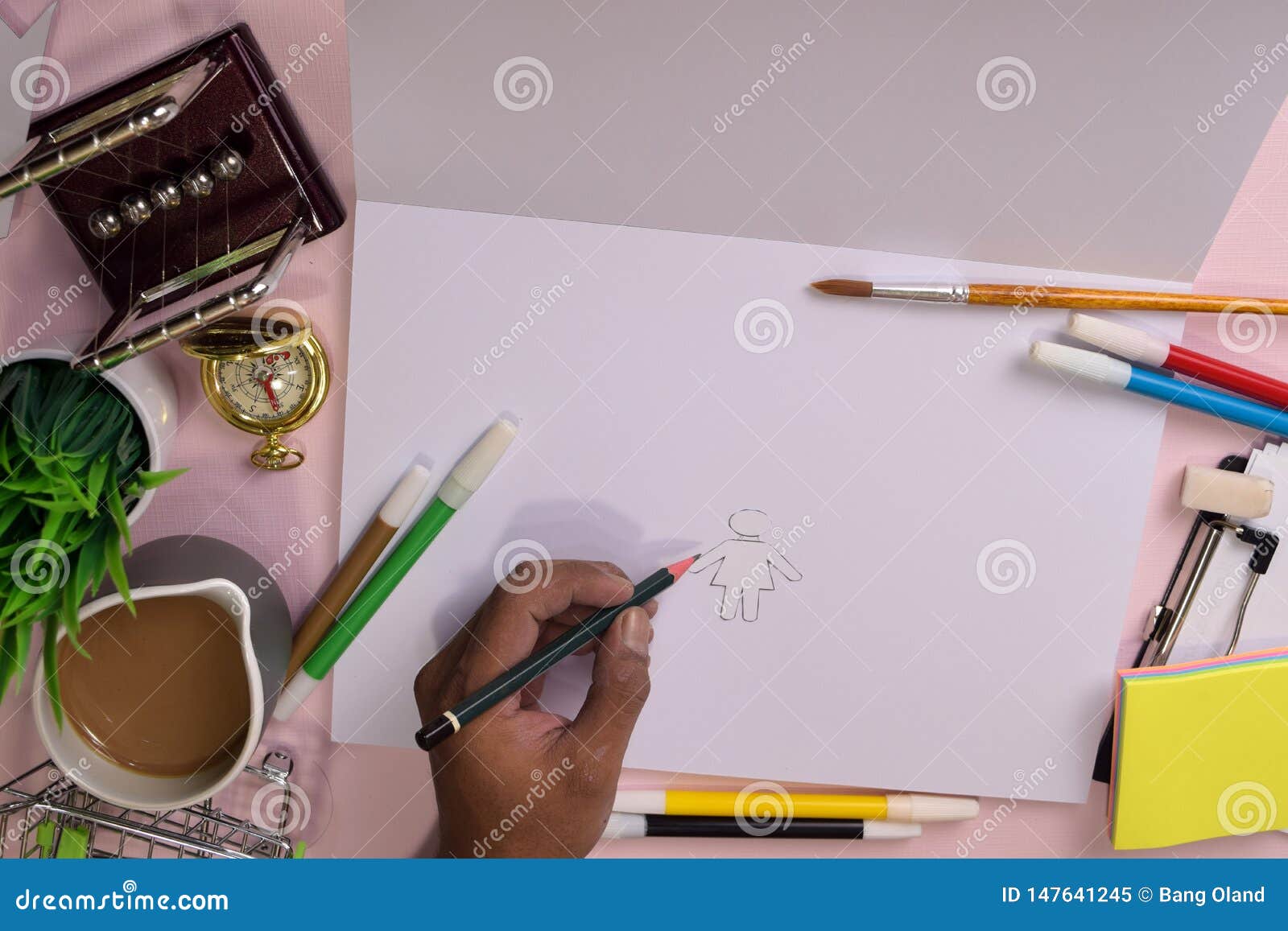 Top View of the Man`s Hands Drawing on a Pink Table, Preparing To Do ...
