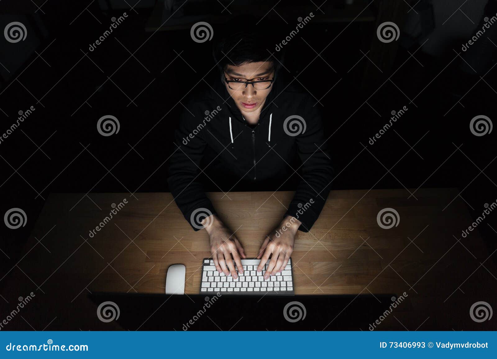 Top View of Man Using Laptop in Dark Room Stock Image - Image of ...