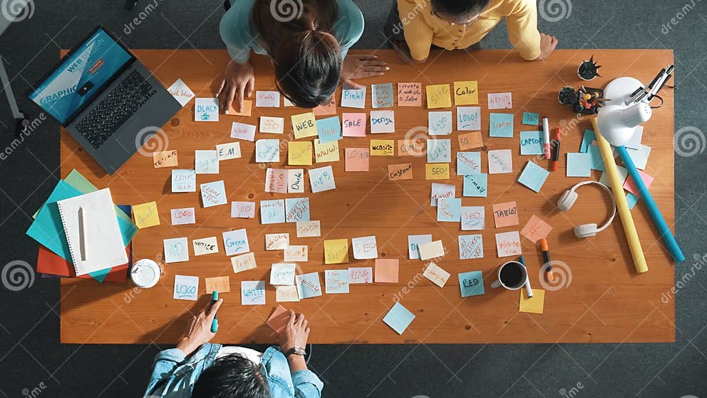 Top View of Manager Looking Idea on Sticky Notes and Explain Idea ...