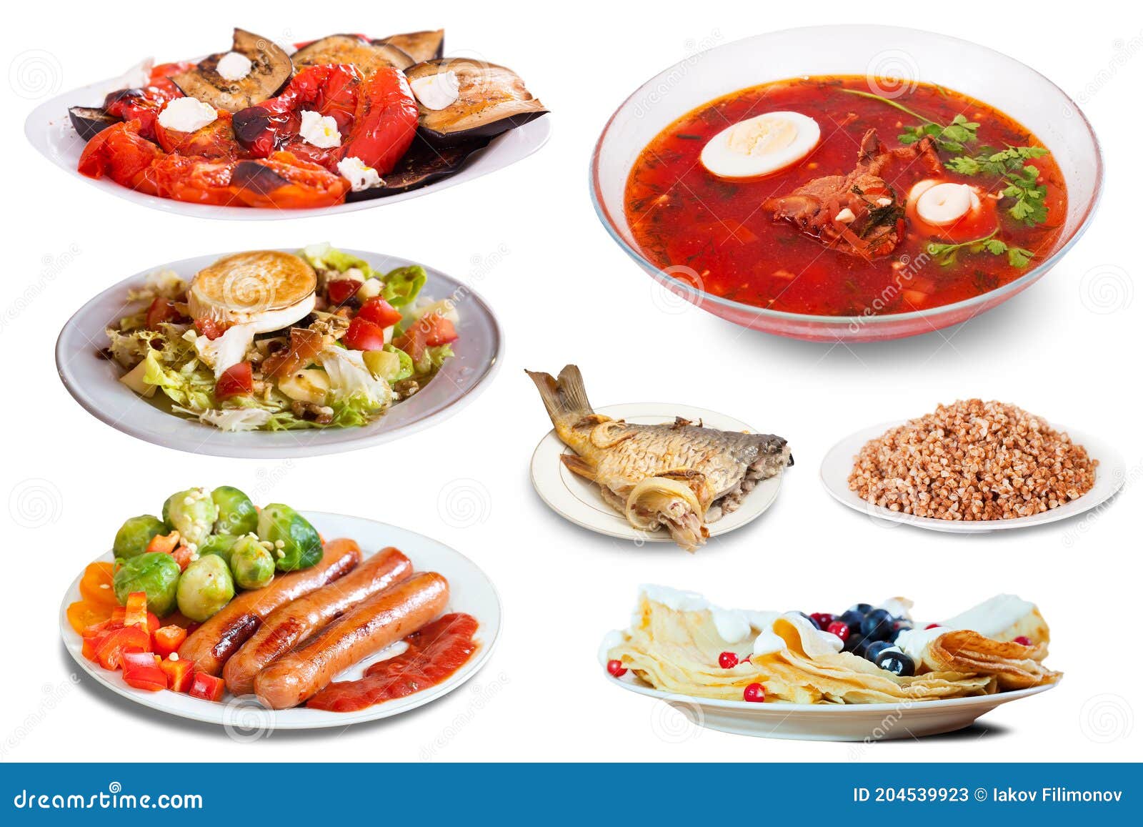 View of Many Plates with Different Food Over White Background Stock ...