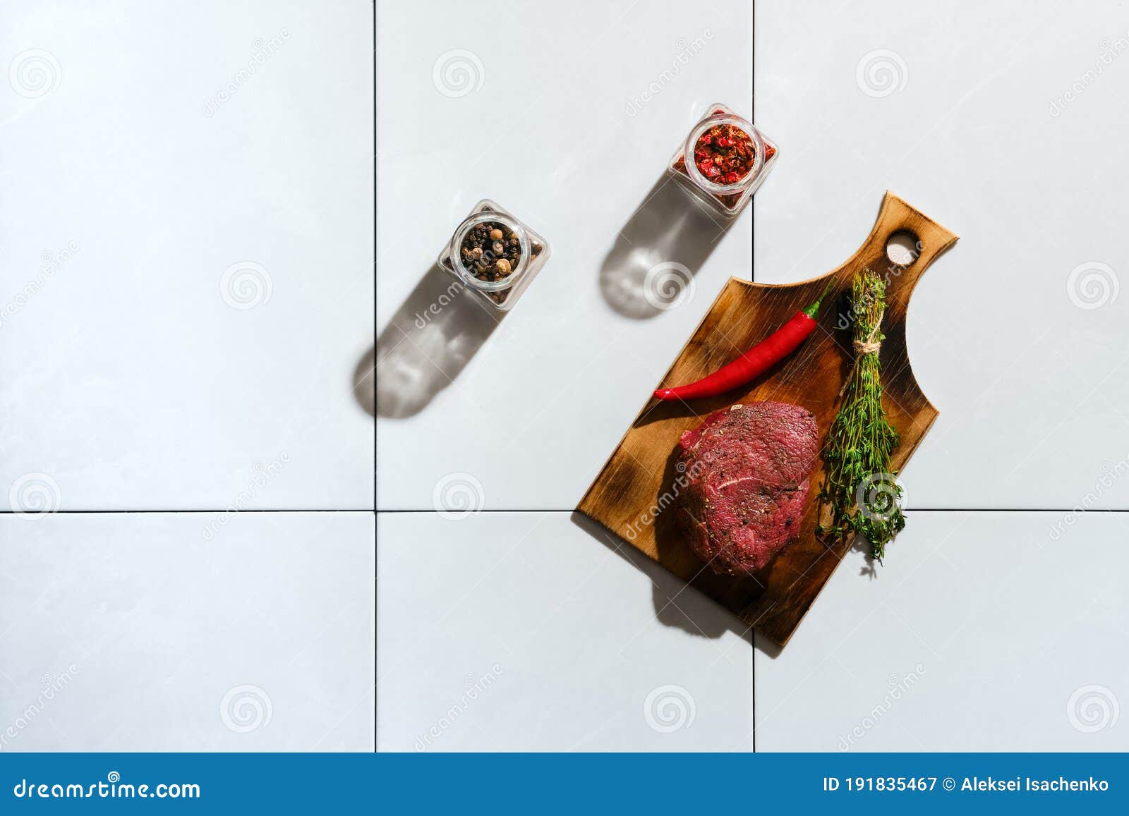 Top View of Marinated Raw Beef Steak with Spice on Ceramic Tile Stock ...