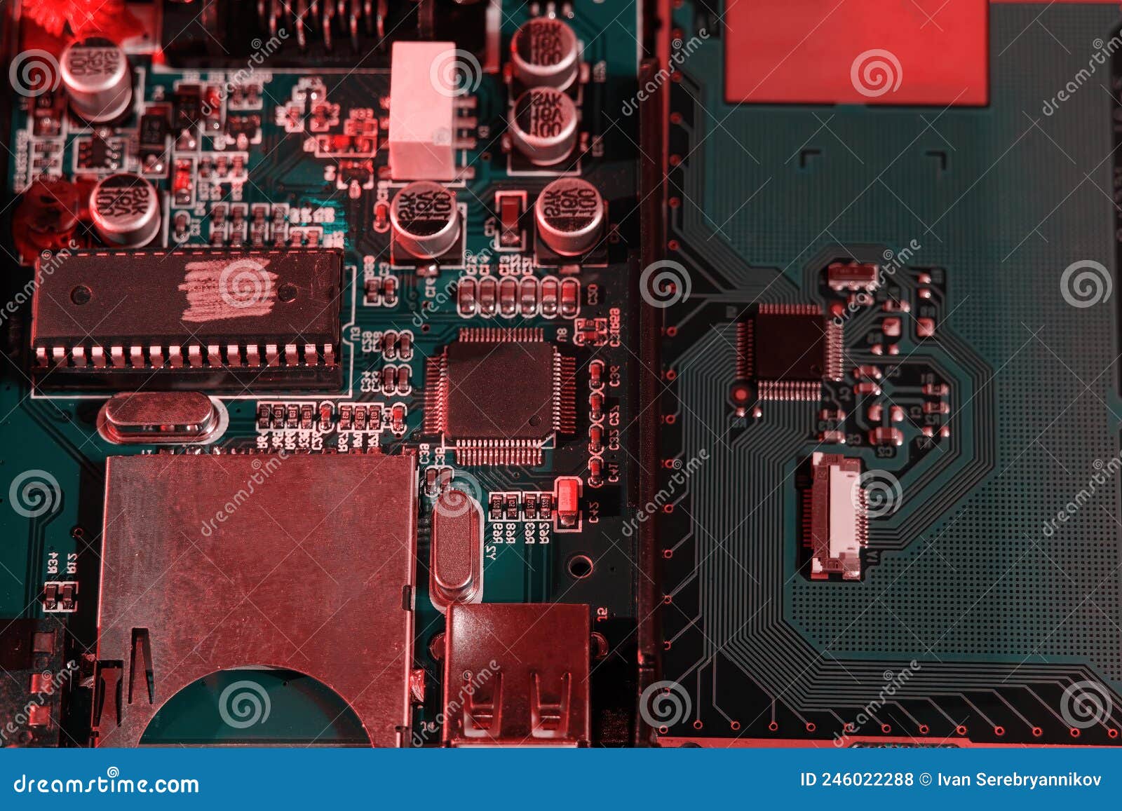 Top View of Matte PCB with Chip, Ports, Capacitors and Connections ...