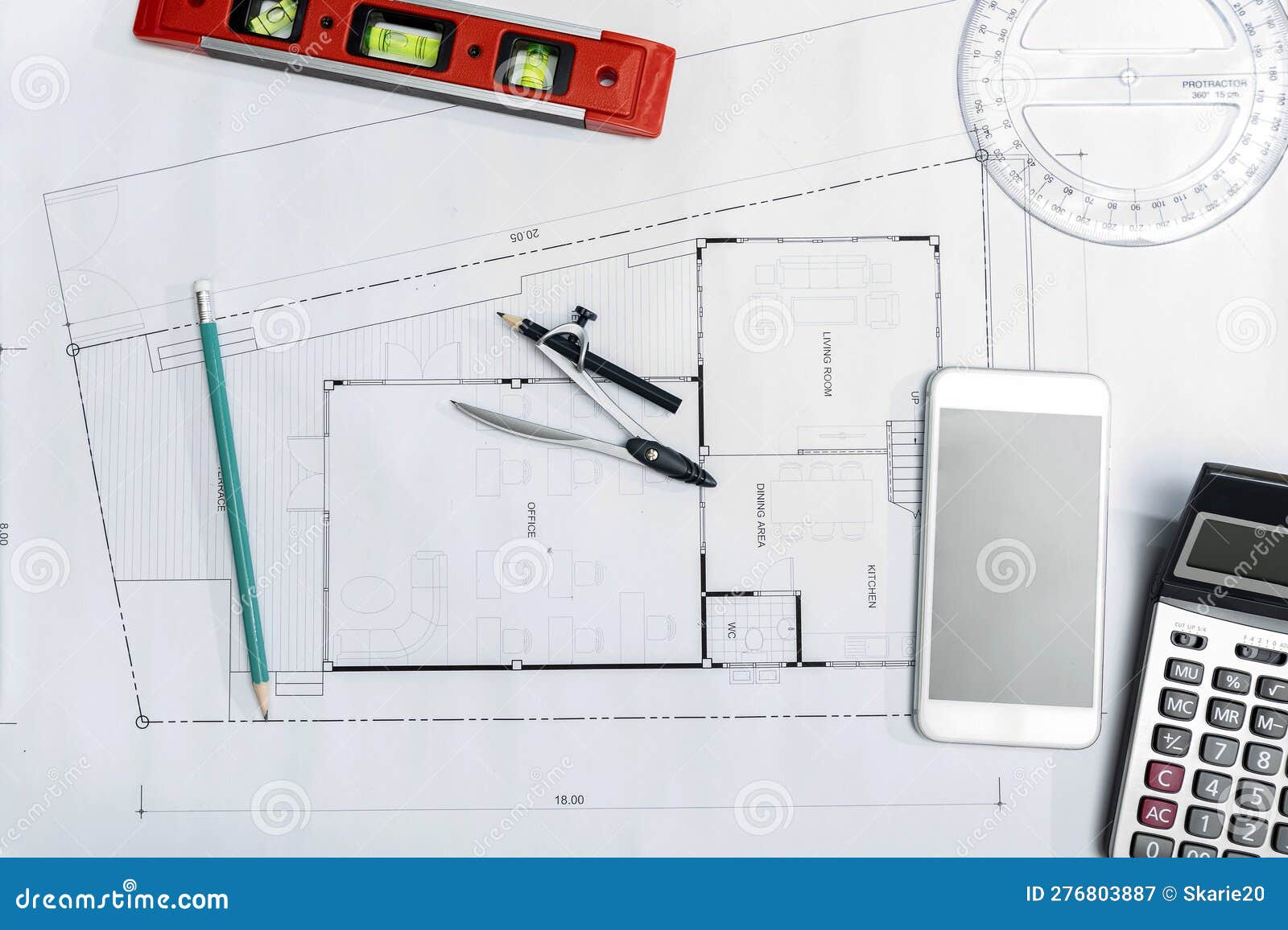 Top View of Measurement Tool and Dividers or Compasses on Blueprint ...