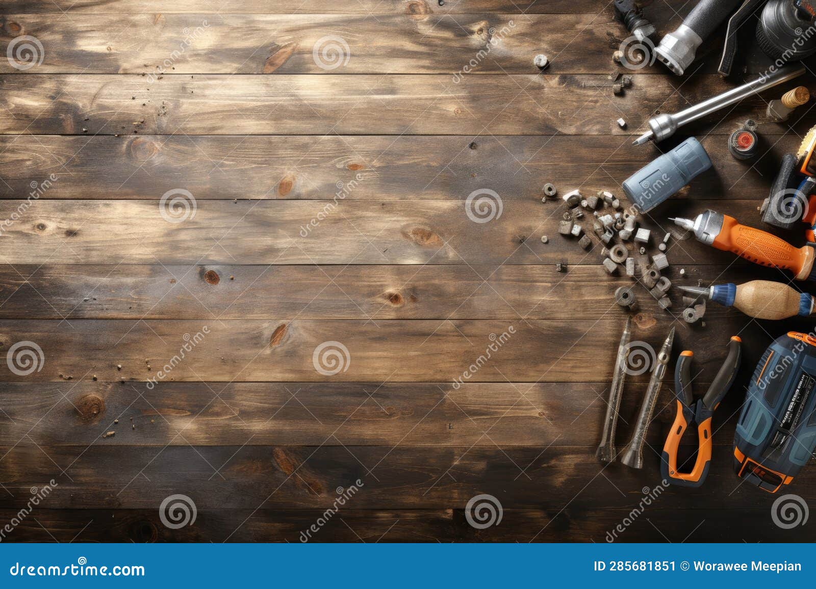 Top View Of Mechanic Toolbox In Blue Box On Cement Surface, Space For ...