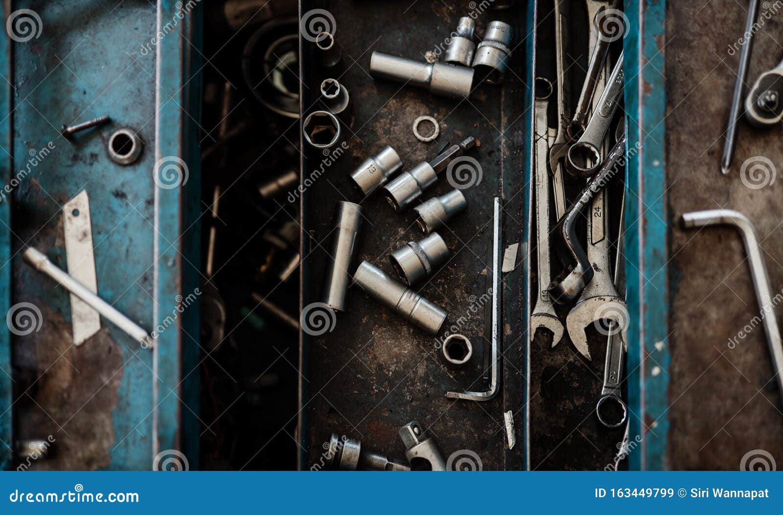 Top View of Mechanic Tools at the Garage. Engineer, Craftsman Toolbox ...