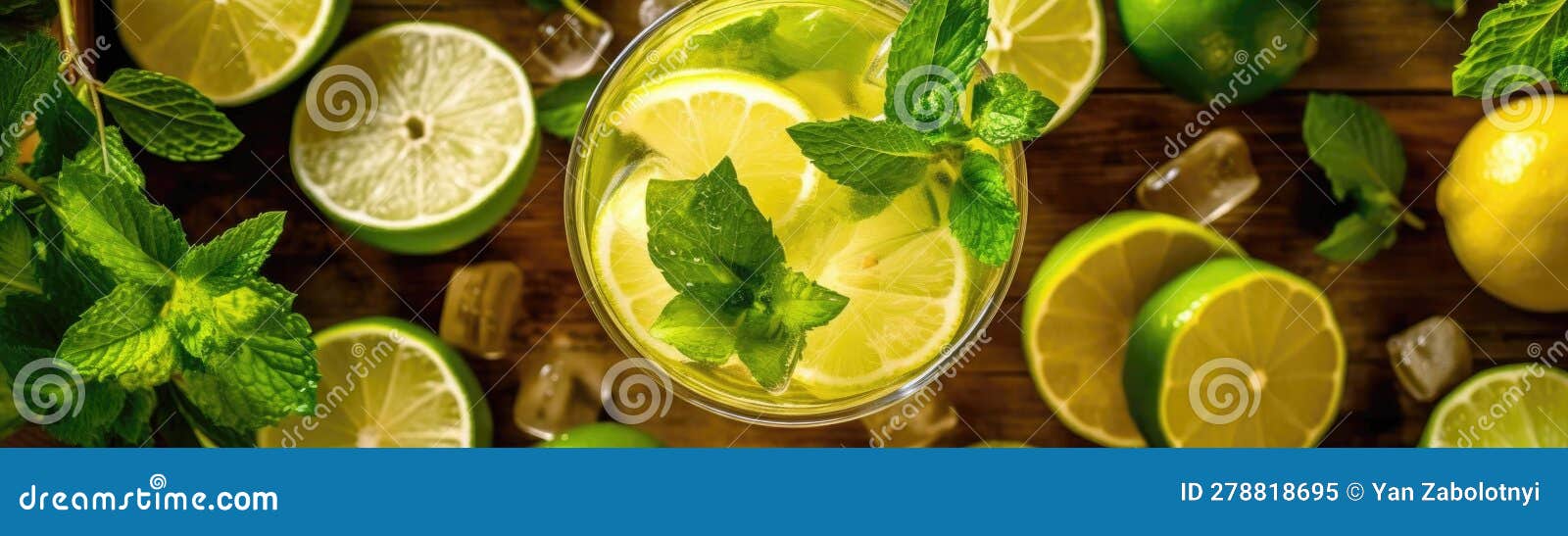 Top View Minty Mojito Mocktail with Lime Wedges Banner Background ...