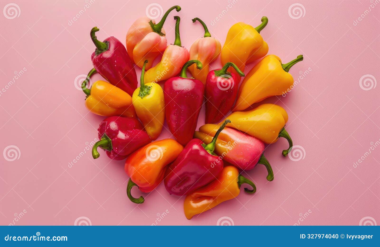 Top View of a Mix of Peppers Creating a Heart Shape on a Pastel Pink ...
