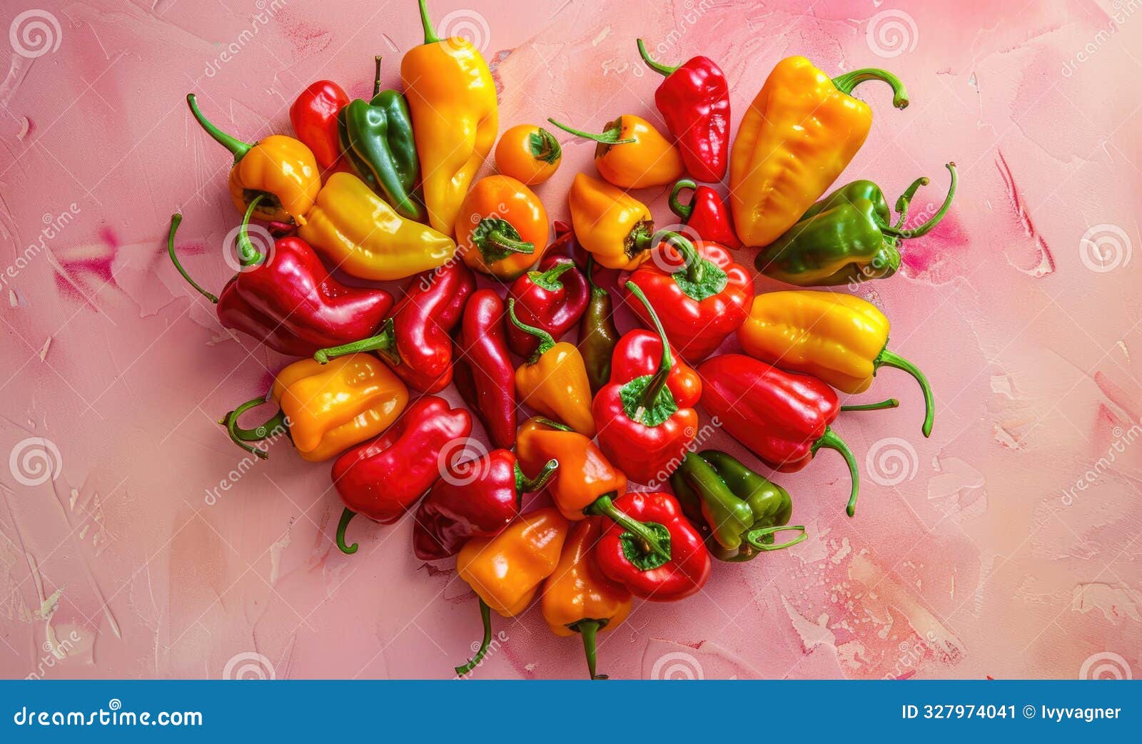 Top View of a Mix of Peppers Creating a Heart Shape on a Pastel Pink ...