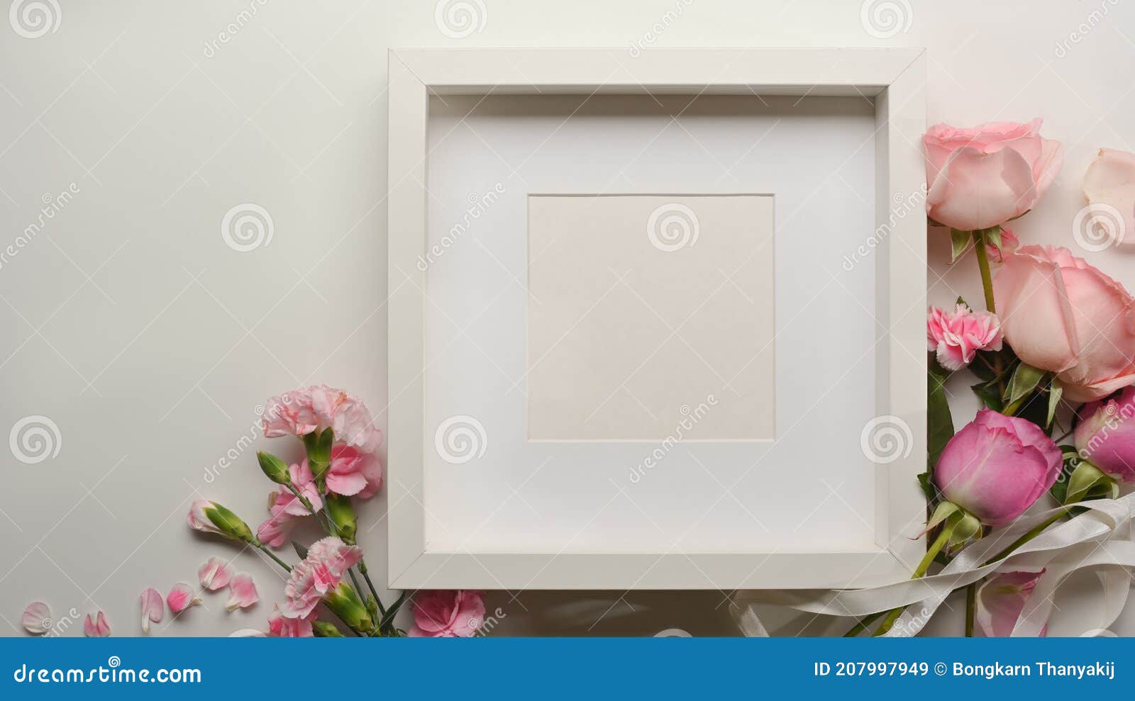 Top View of Mock Up Frame and Pink Flower Decorated on Table Stock ...