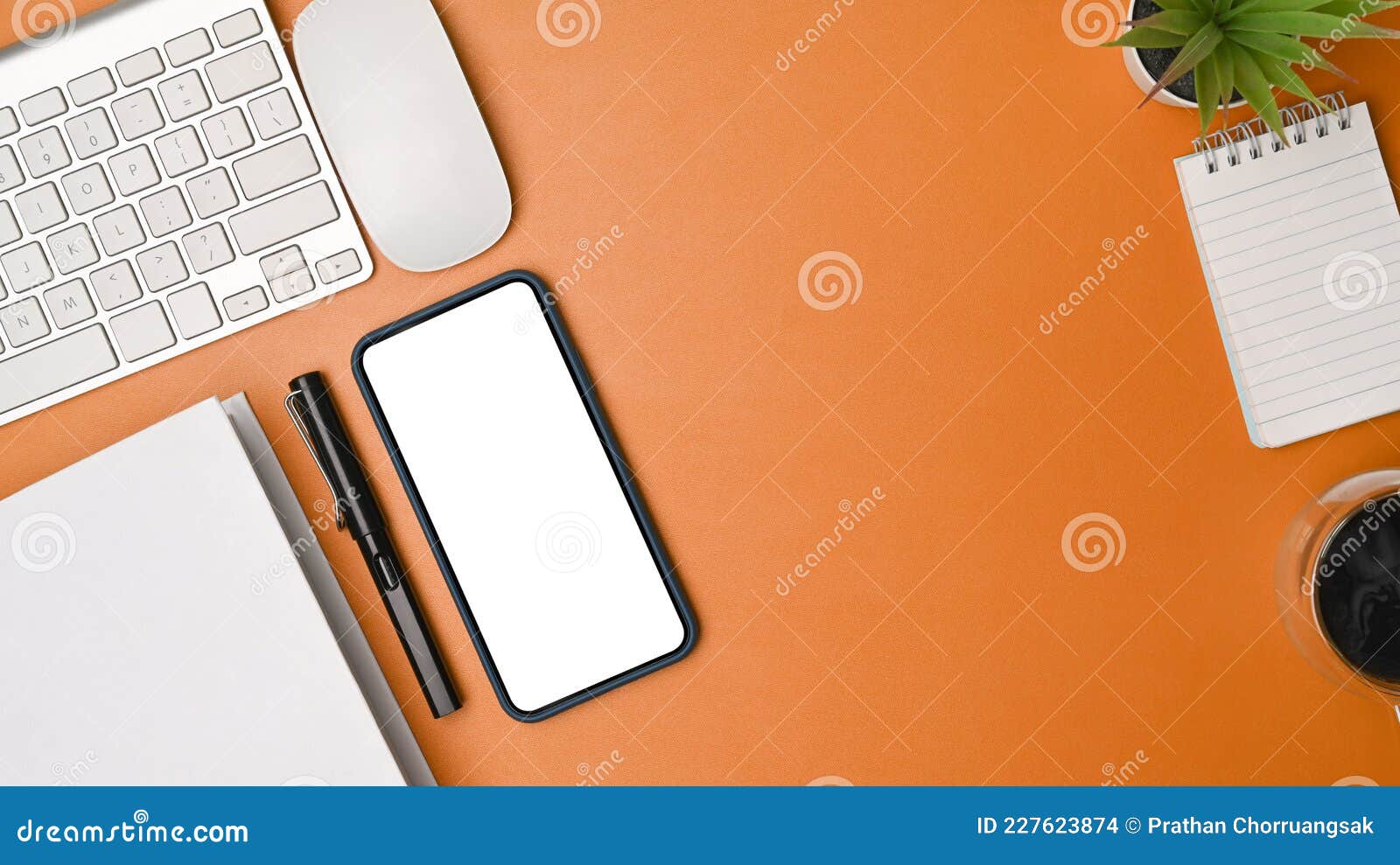 Top View Mobile Phone with Blank Screen on Orange Leather. Stock Photo ...
