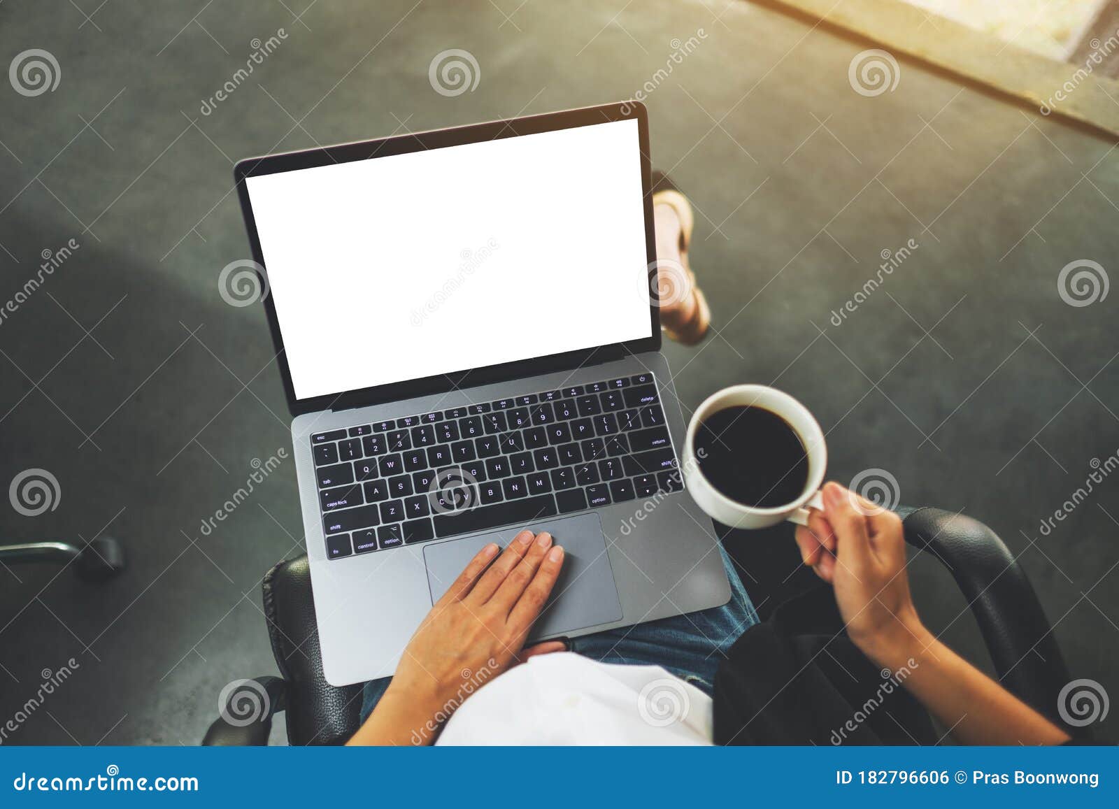 A Woman Using and Touching on Laptop Computer Touchpad with Blank White ...