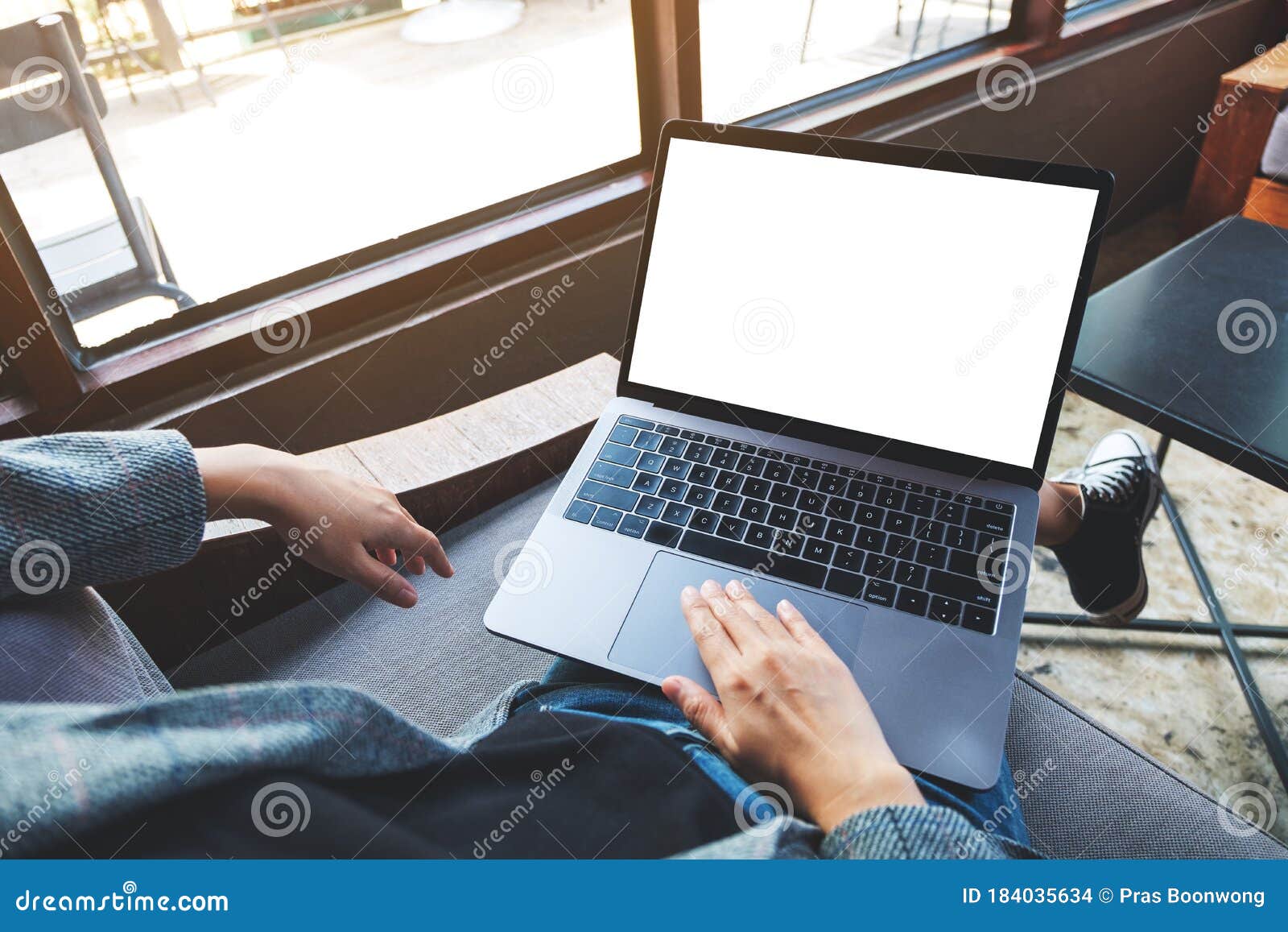 A Woman Using and Touching on Laptop Computer Touchpad with Blank White ...