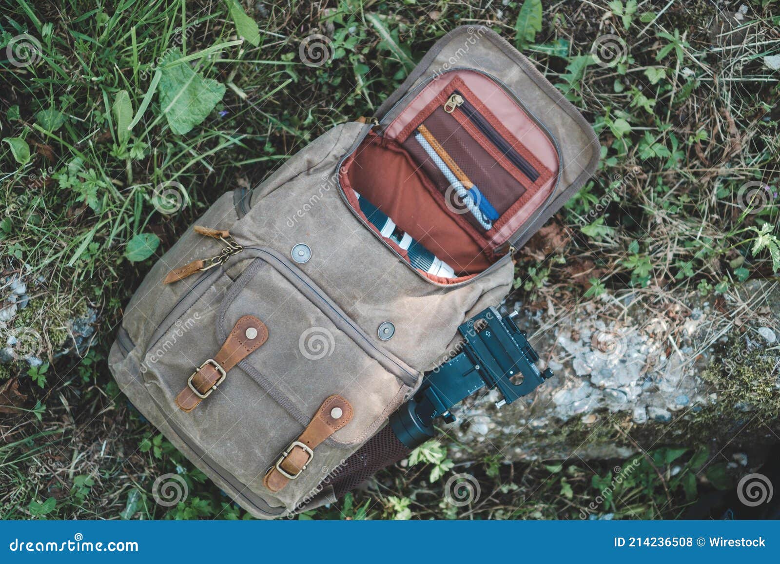 Top View of a Modern Backpack with a Camera in it on the Ground Stock ...