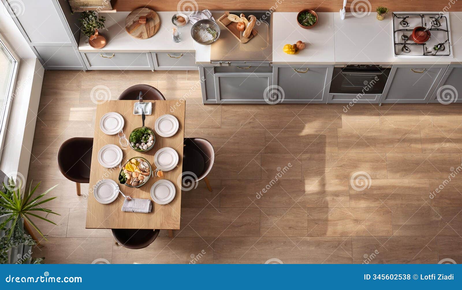 Top View of Modern Home Kitchen Interior with Cooking Zone and Dinner ...