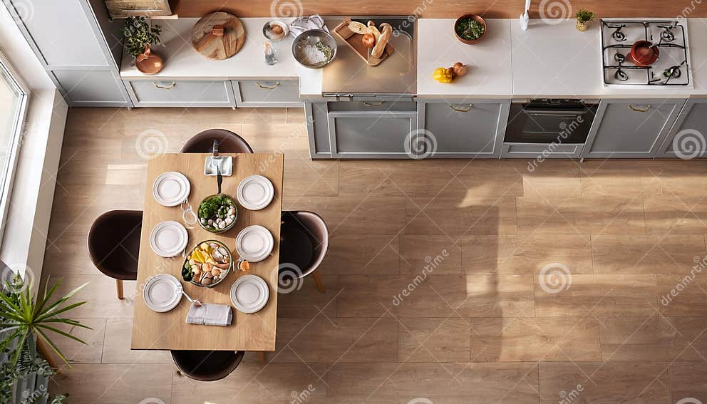 Top View of Modern Home Kitchen Interior with Cooking Zone and Dinner ...