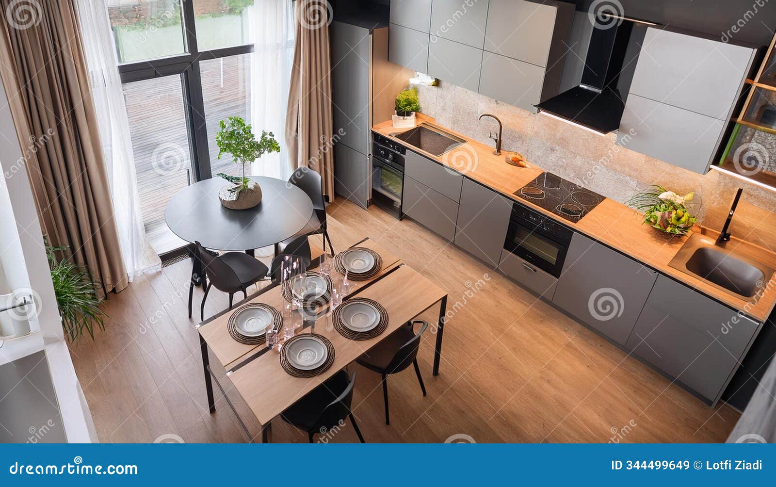 Top View of Modern Home Kitchen Interior with Eating Zone and Dinner ...