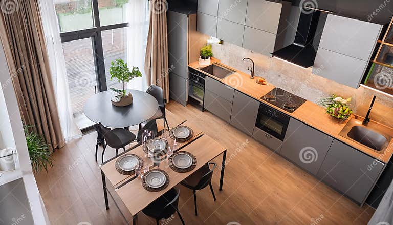 Top View of Modern Home Kitchen Interior with Eating Zone and Dinner ...