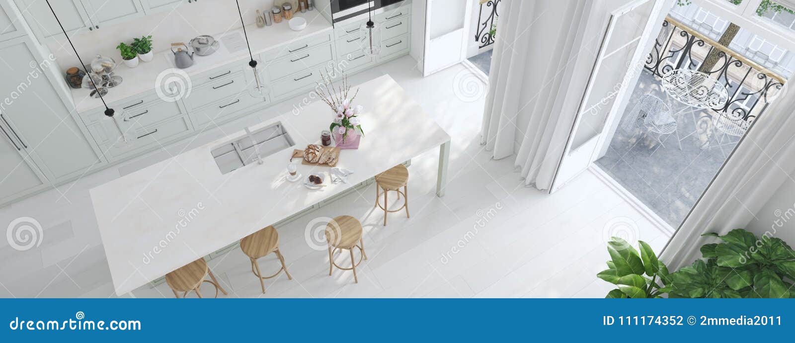 Top View Modern Nordic Kitchen in Loft Apartment. 3D Rendering Stock ...