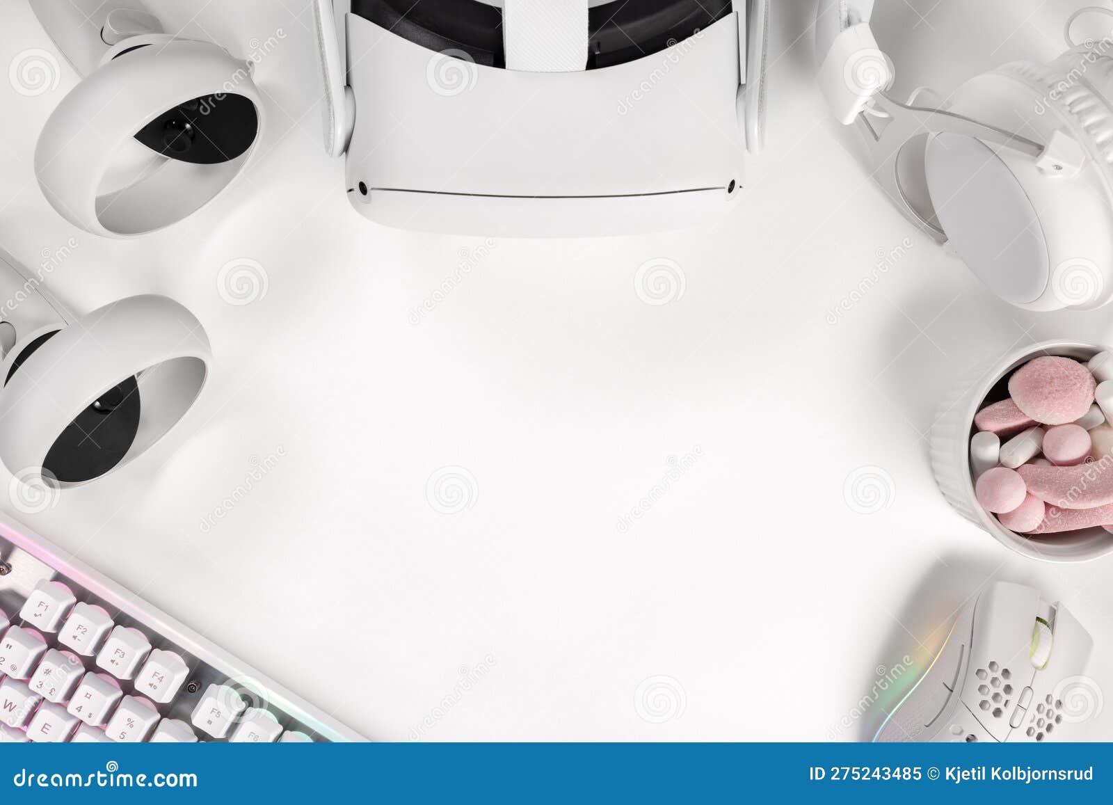 Top View of Modern White Gaming Desk with VR Headset and Controllers ...