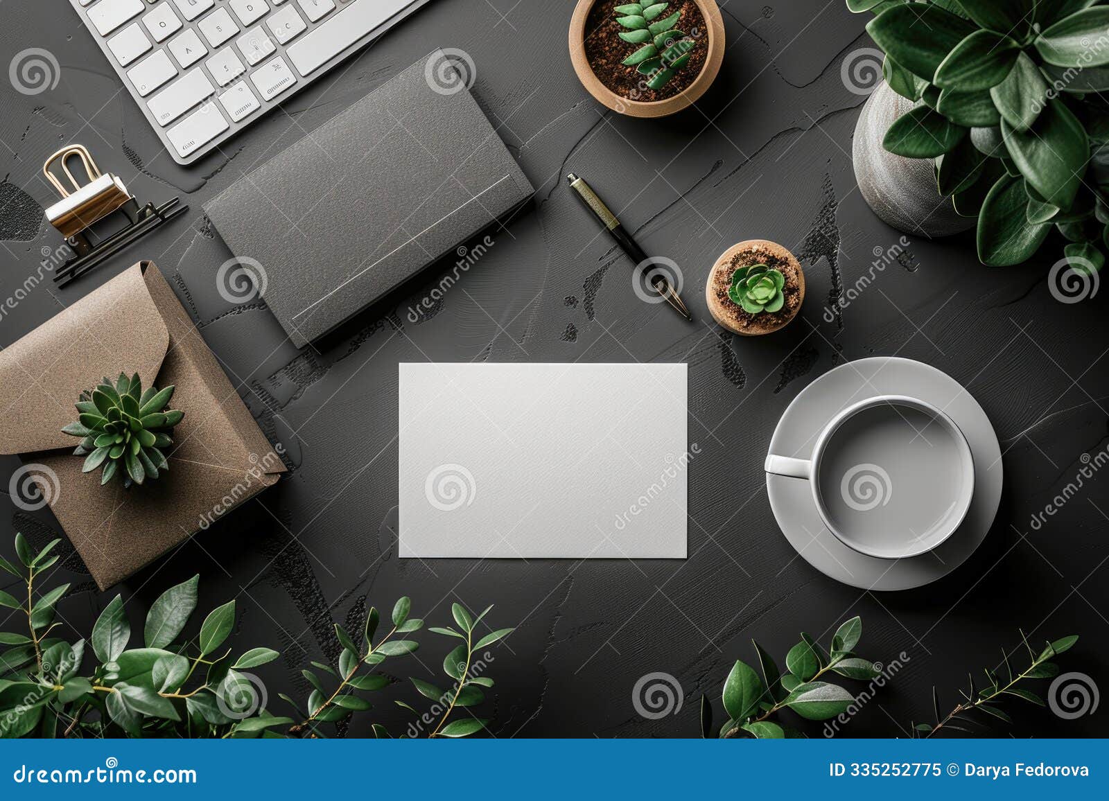 Top View of Modern Workspace with Coffee Cup, Envelope, Pen, Blank Card ...