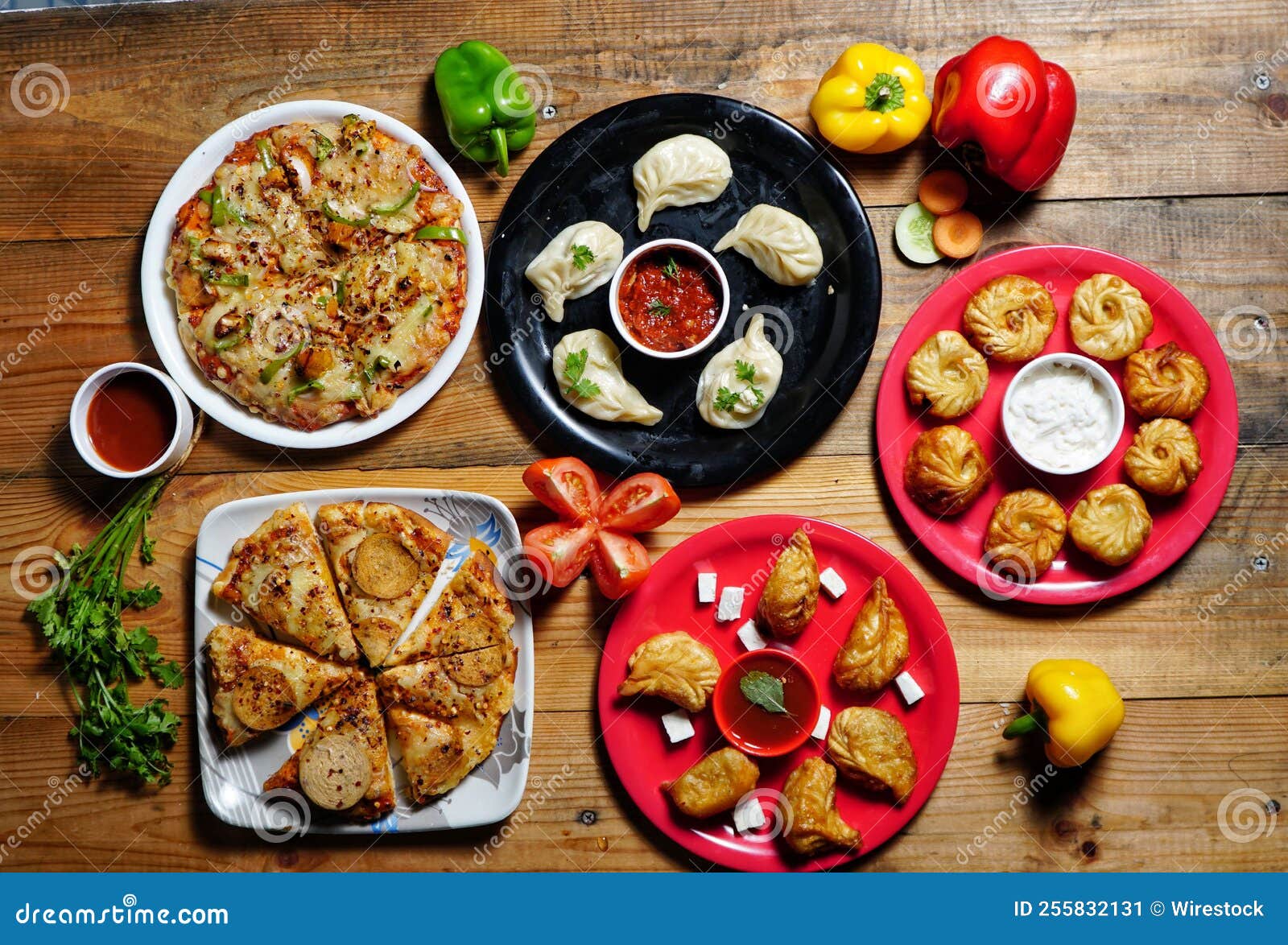 Top View of Momos and Pizza Stock Image - Image of dish, pizza: 255832131