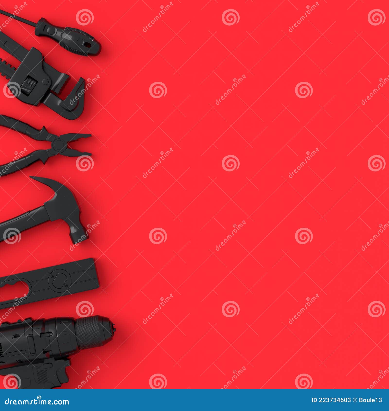 Top View of Monochrome Construction Tools for Repair on Red and Black ...