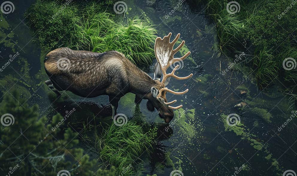 Top View of a Moose Drinking from a River, Lush Forest Background Stock ...